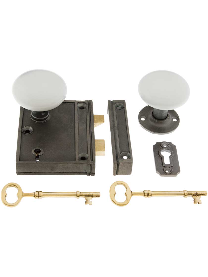 Cast Iron Vertical Rim Lock Set with White Porcelain Door Knobs | House of Antique Hardware